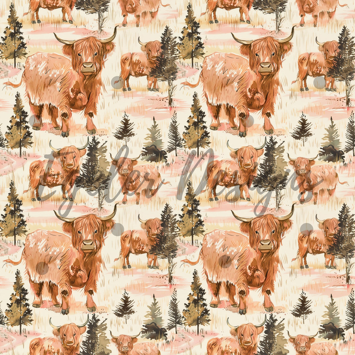 Forest Highland Cows Seamless Pattern Digital Download – Egeler Designs