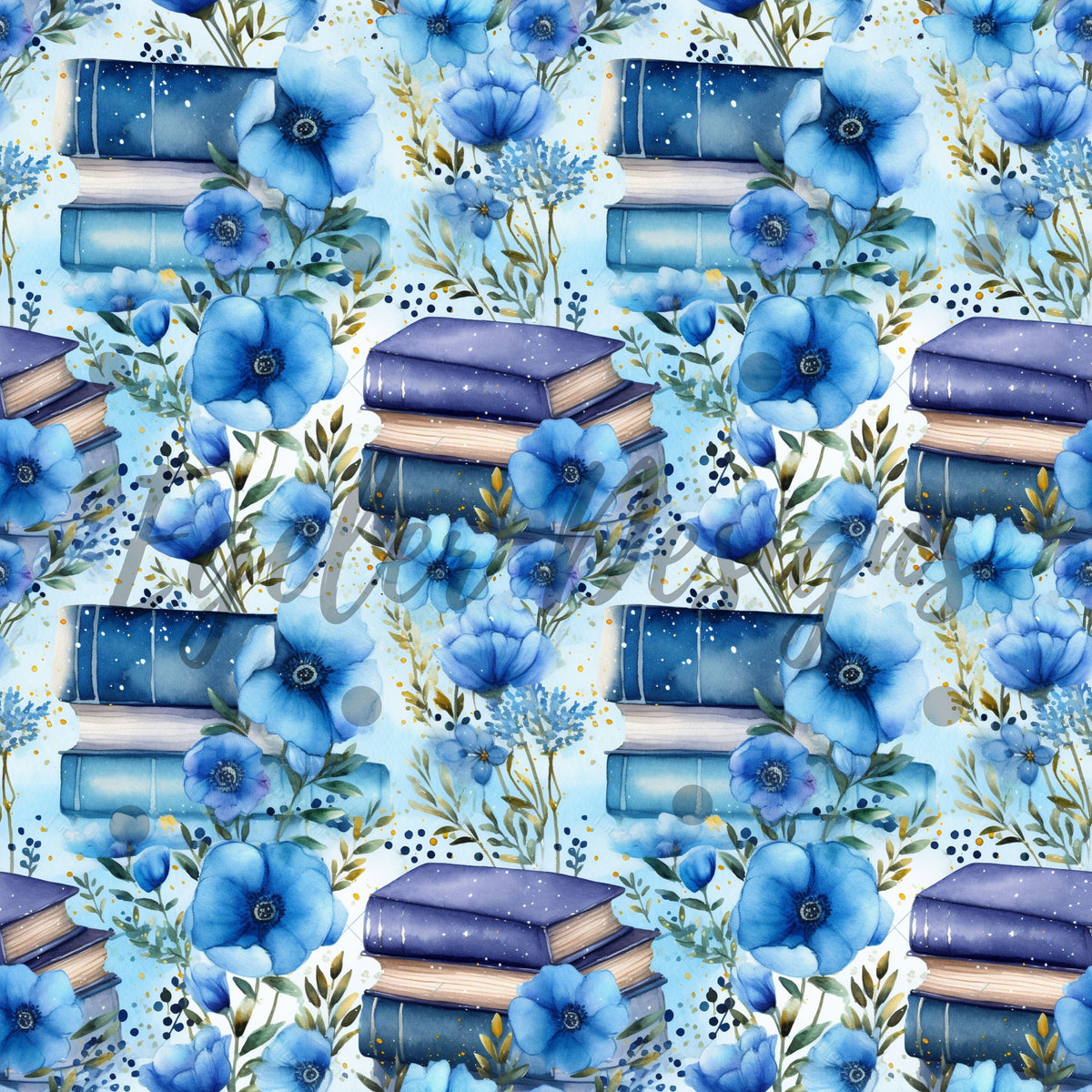 Blue Watercolor Books Seamless Pattern Digital Download – Egeler Designs
