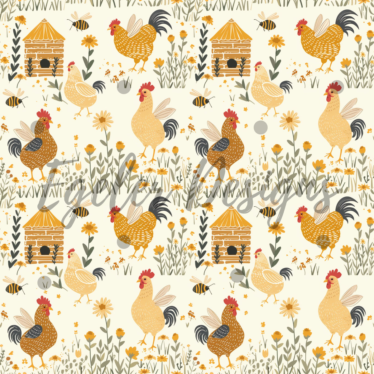 Chickens With BEE WINGS Seamless Pattern OR Border Print Digital Downl ...