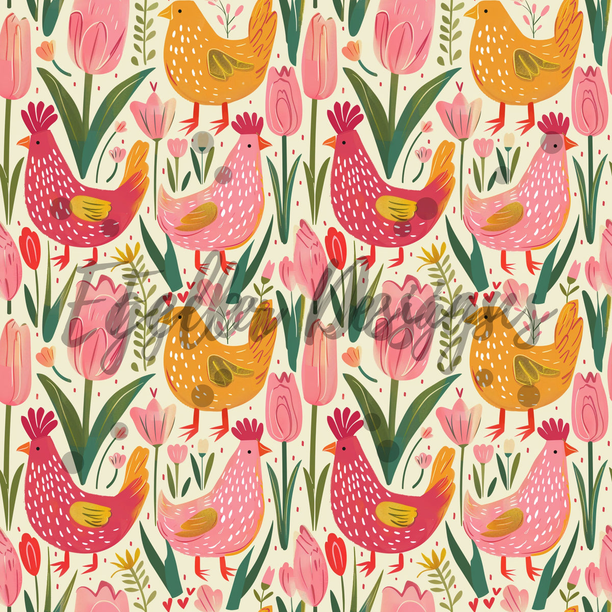 Tulip Chickens Seamless Pattern Digital Download – Egeler Designs