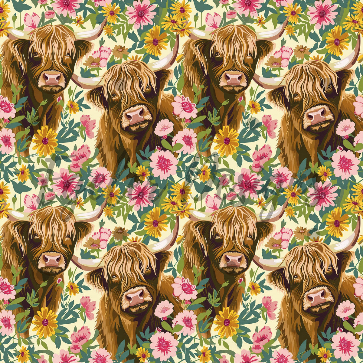Highland Floral Cows Seamless Pattern Digital Download – Egeler Designs