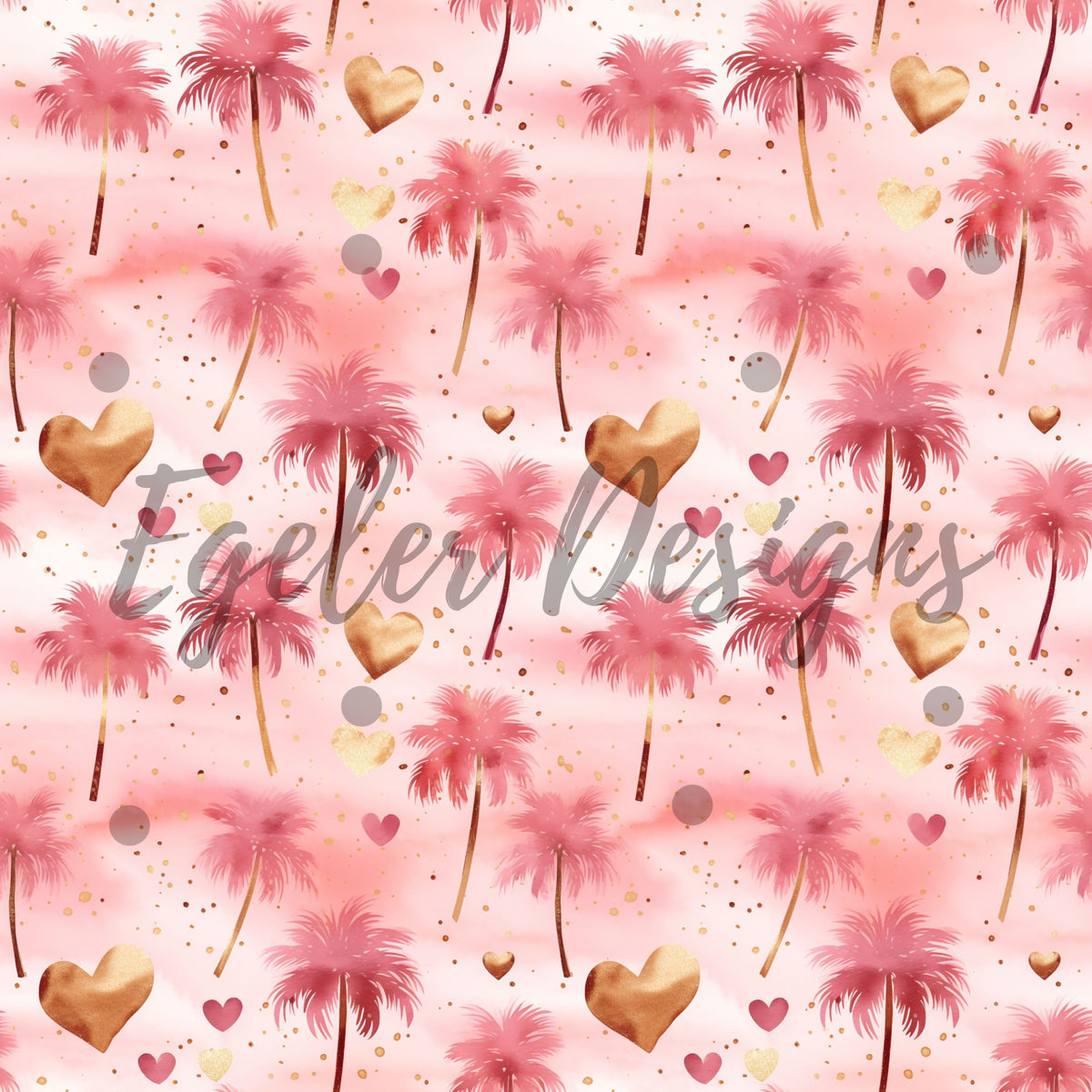 Pink And Gold Palm Trees Heart Valentine Seamless Pattern Digital Down ...