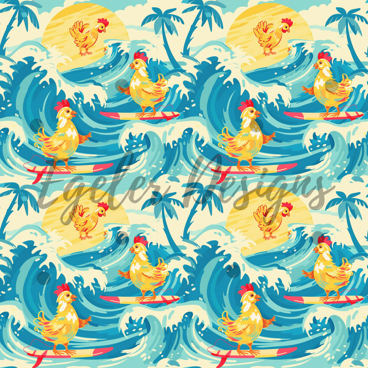 Surfing Chickens 2.0 Seamless Pattern Digital Download – Egeler Designs